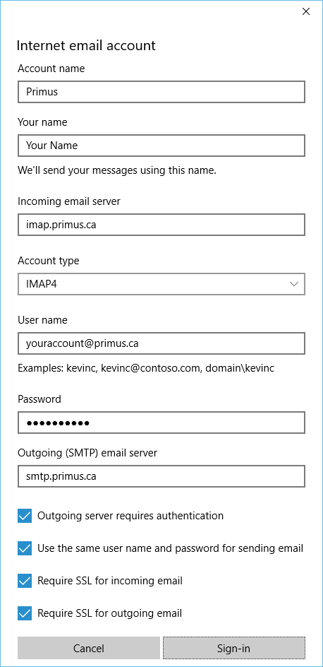Primus eMail setup - Windows 10 mail